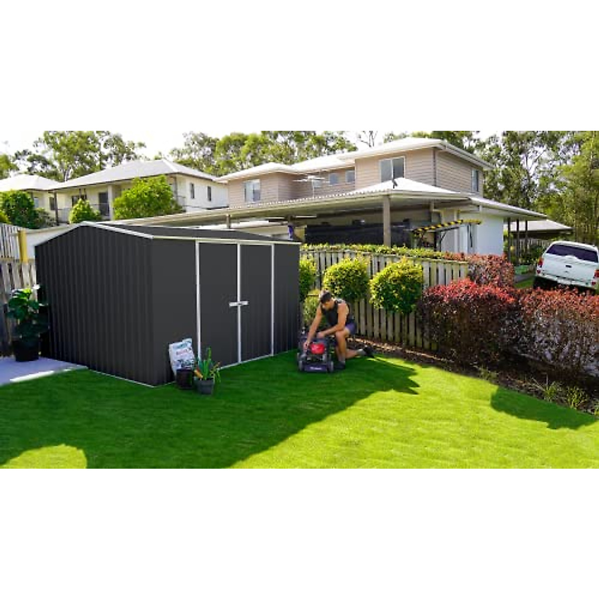 ABSCO Premier 10 x 10 Ft. Metal Storage Shed, Aluminum and Steel Utility Tool Shed, Outdoor Storage for Backyard, Lawn Patio, 100 Sq. Ft., Monument Gray (MN30302GK-PTX)