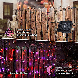 Hopolon Solar Halloween String Lights Outdoor Waterproof,72ft 200LED Purple Red Solar String Lights with USB for Christmas, Halloween, Garden, Christmas Tree, Outdoors Patio Garden Party(Purple Red)