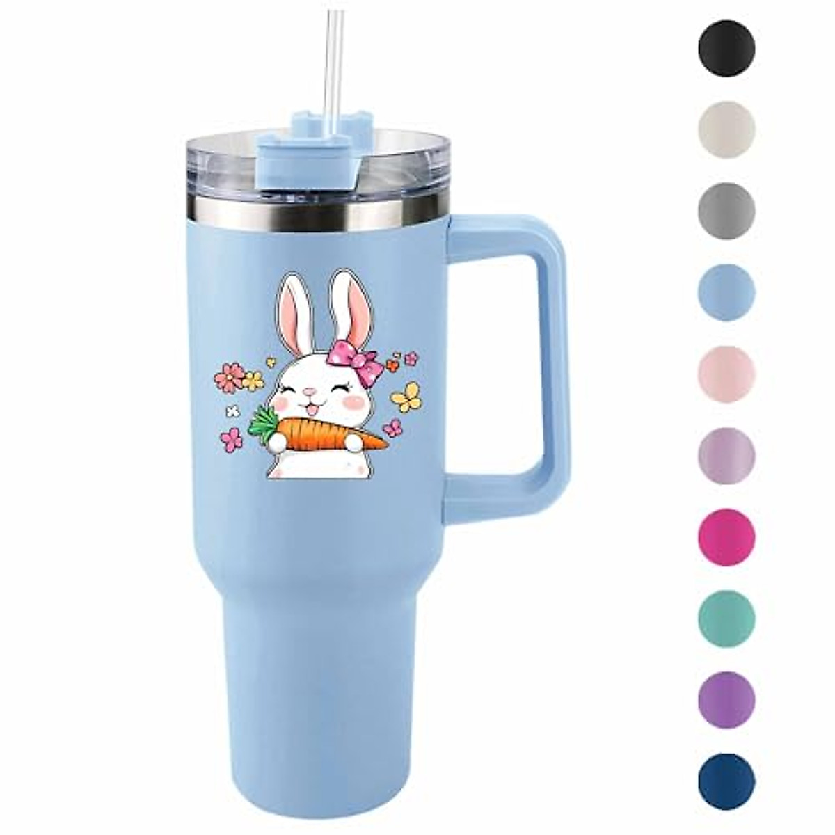 40 ounce insulated cup with handle, double-layer vacuum stainless steel material, equipped with straw, can keep warm or maintain cold drinks Easter Rabbit Carrot 1 wathet