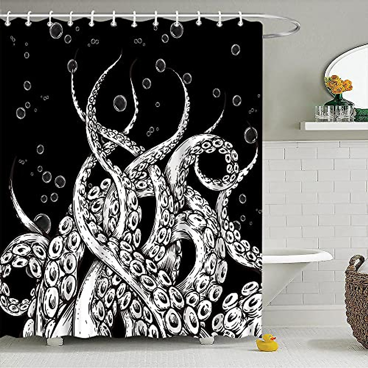 TFGGNDF 2 Piece Octopus Shower Curtain Sets with Bath Mat,White Octopus Tentacles Black Background Ocean Kraken 70"x 70" Bathroom Curatin with 12 Hooks and Bath Rugs