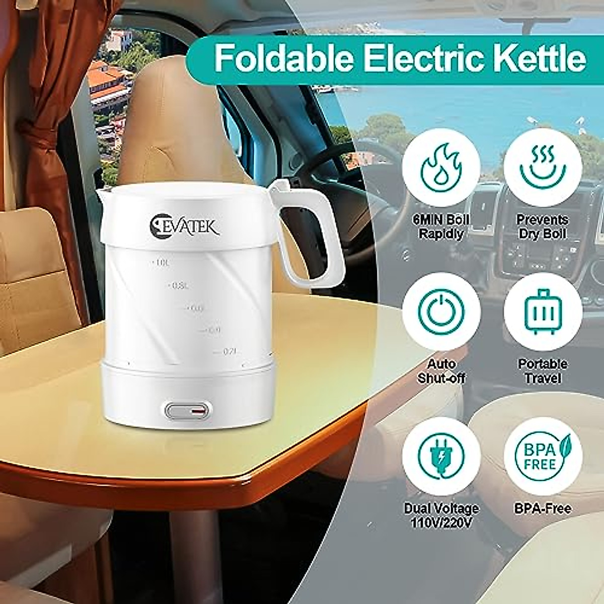 EVATEK Travel Foldable Electric Kettle, Dual Voltage Collapsible Kettle Travel Electric, 1000ML BPA-Free Boil Dry Protection Portable Kettle for Travel, Camping, Picnic