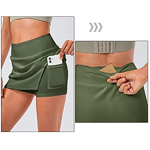 Women's Ribbed Team Sport Skirts with Shorts Pockets Plain Mini Slit Skort Skirts School Girl Y2K Tennis Golf Built-in Shorts Skirts Dress Green