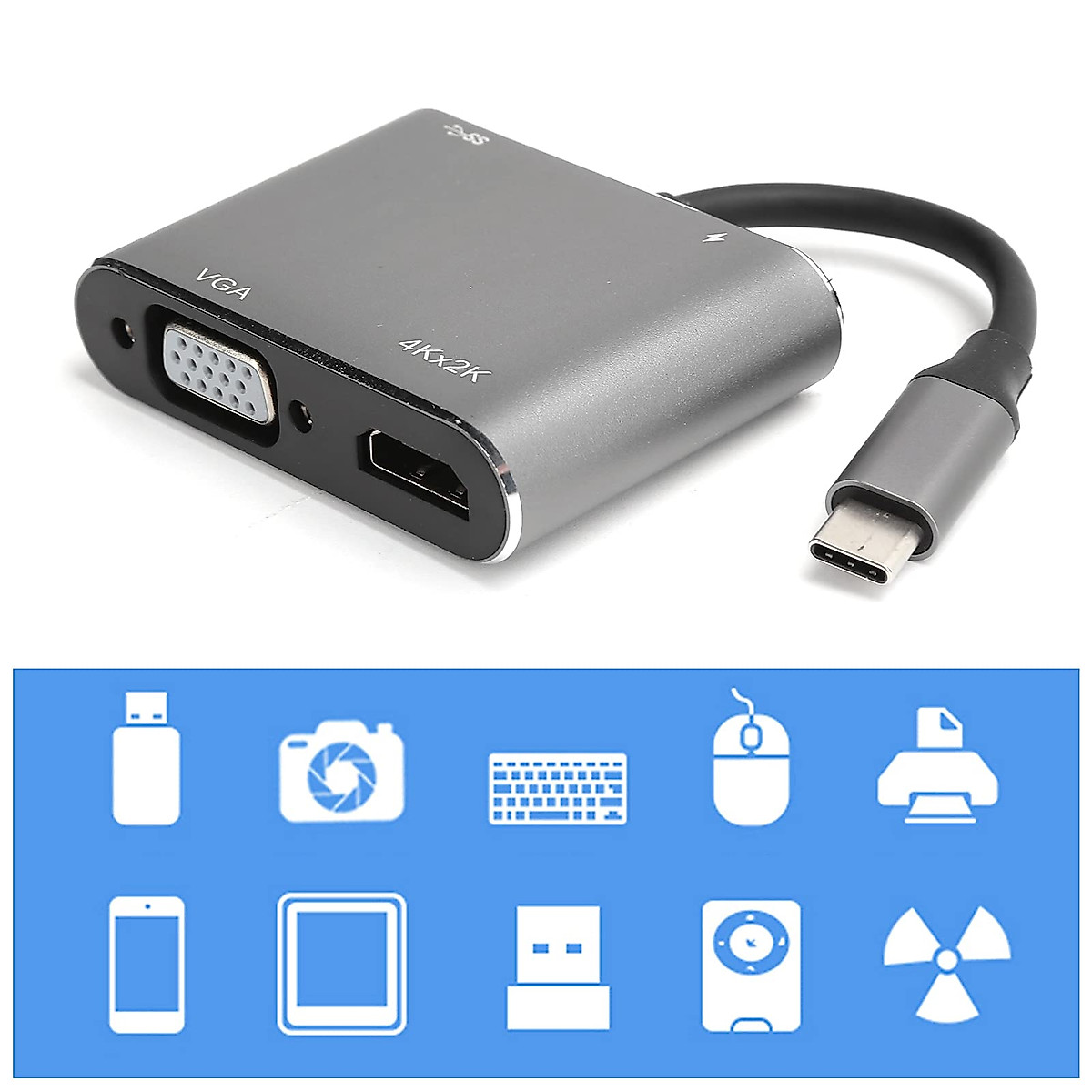 USB C Hub, 4 in 1 C to C VGA USB HDMI Hub Adapter, 4kx2k 30Hz/60Hz Portable Docking Station with C/VGA/USB/HDMI Port，Multiport Splitter for Charging Smartphones/ Keyboard/ Mouse/ USB Memory Stick