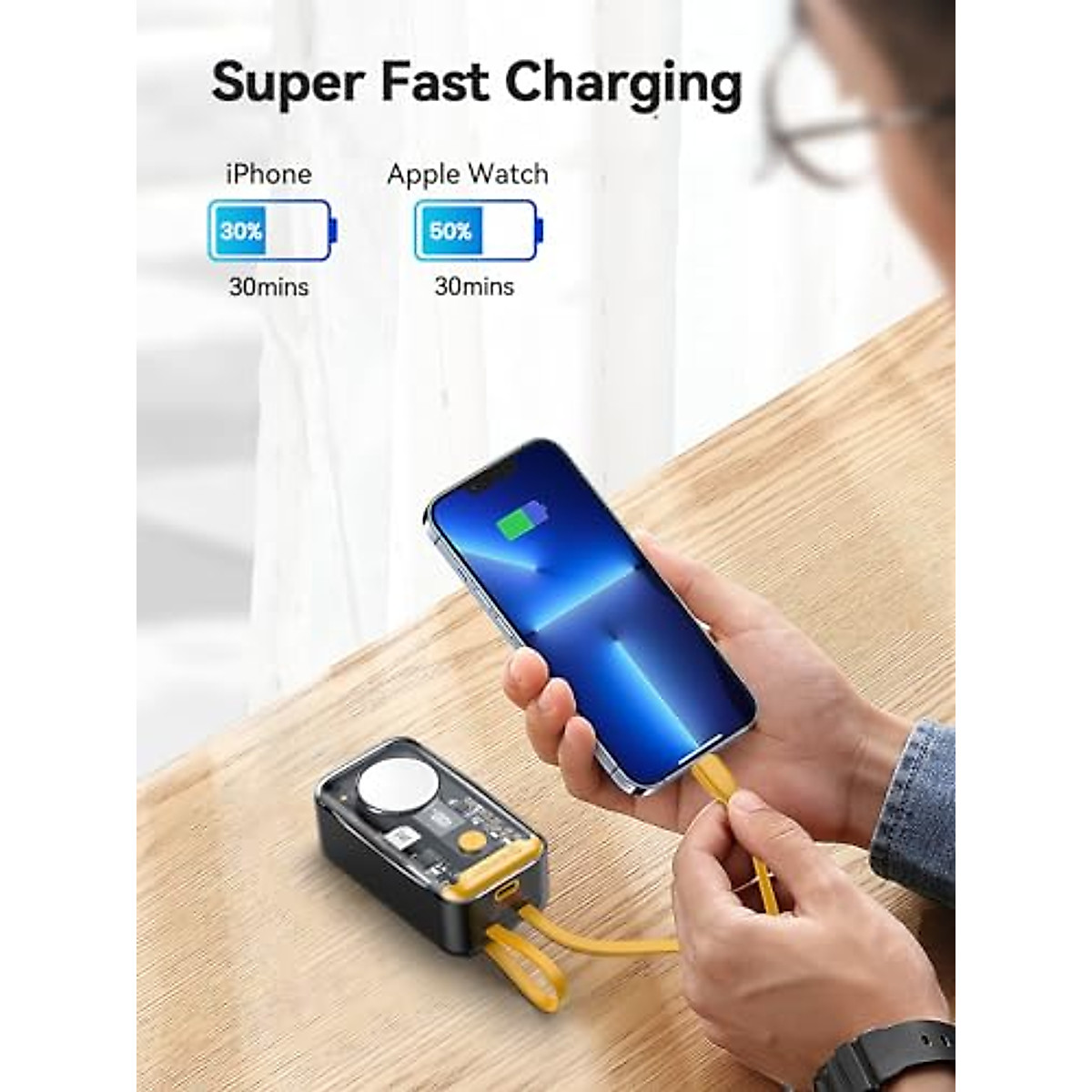 NEWDERY for Apple Watch Charger, 10000mAh Portable Charger Power Bank Built-in Cables, USB C Fast Charging External Battery Pack with LED Display for iPhone15/14/13/12/iWatch/Airpods/Galaxy Phones