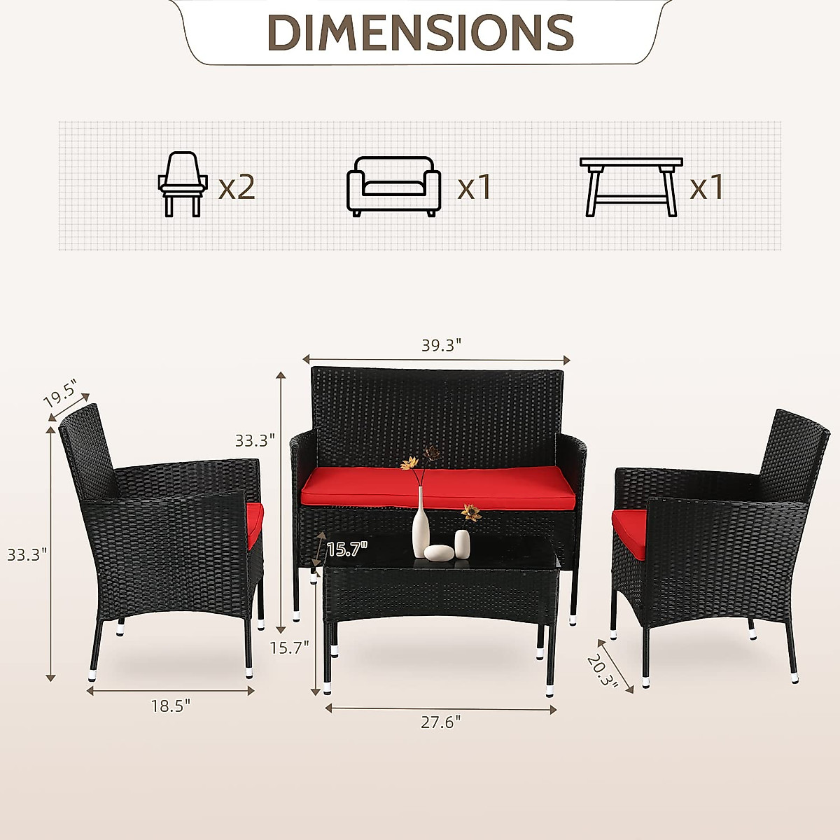 FDW Patio Furniture Set 4 Pieces Outdoor Furniture Wicker Patio Chair Rattan Patio Furniture Patio Conversation Set for Outdoor Indoor Use with Loveseats Coffee Table,Red Cushion