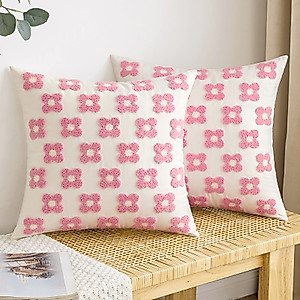 EMEMA Decorative Throw Pillow Covers Daisy Sun Flower Jacquard Pillowcase Cushion Case Square for Couch Sofa Bed Living Room Bedroom Set of 2, 16x16 Inch, Pink and White