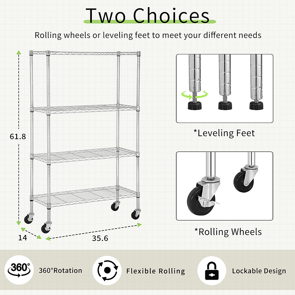 YYkokocat 4 Tier Shelving Unit 62" H Adjustable Metal Shelves w/Wheels Heavy Duty Storage Shelf 1400Lb Capacity Garage Shelving Storage Wire Shelving for Kitchen, 36" L x 14" D x 62" H, Chrome