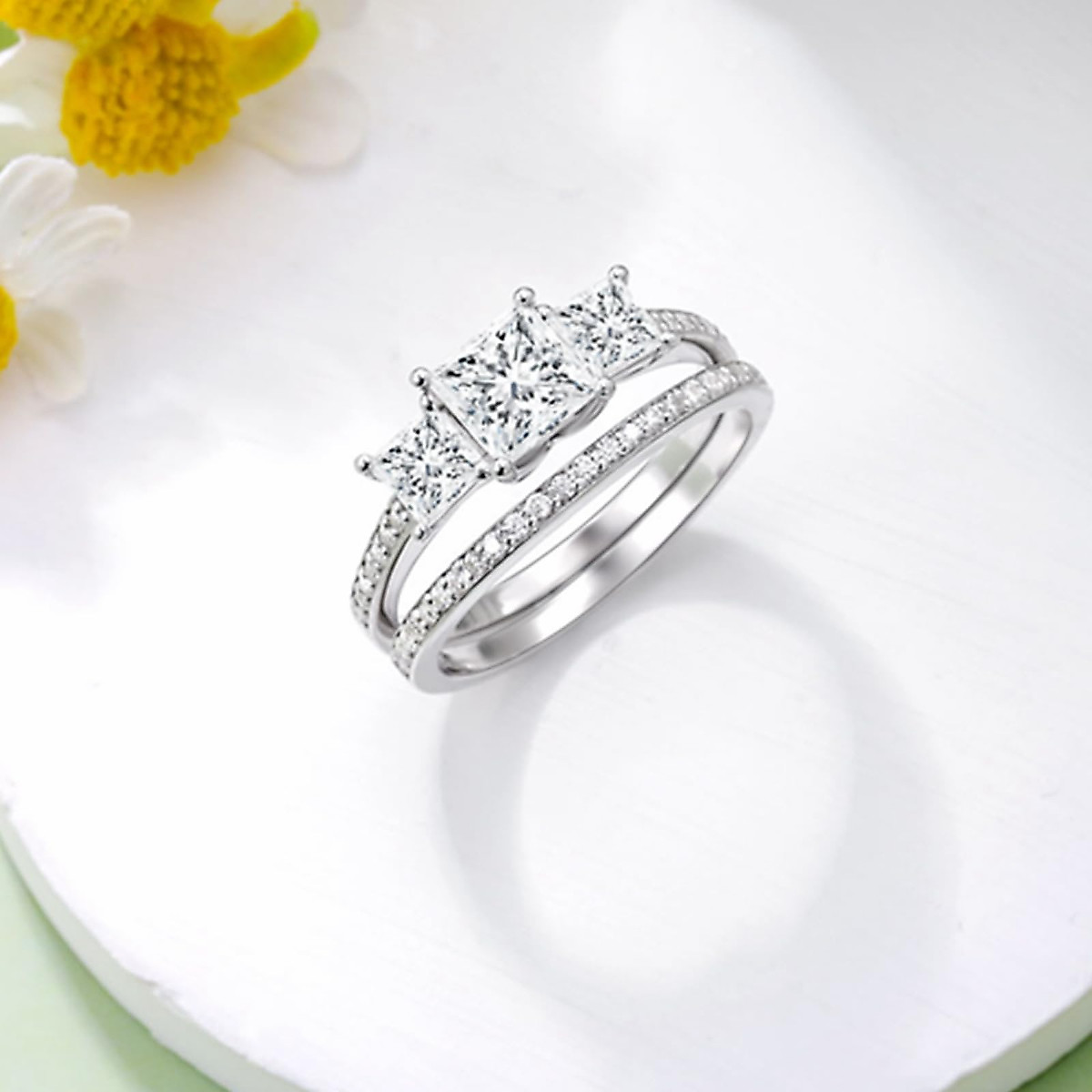 Princess Cut Wedding Ring Set for Women Platinum Plated Silver 3 Stone Moissanite Bridal Ring Set Engagement Ring Set White Gold Anniversary Promise Rings for Her with Text Engraving（size 12