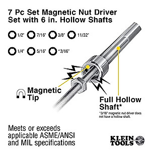 Klein Tools 647M Tool Set, Magnetic Nut Drivers Sizes 3/16, 1/4, 5/16, 11/32, 3/8, 7/16, 1/2-Inch, 6-Inch Hollow Shafts, 7-Piece