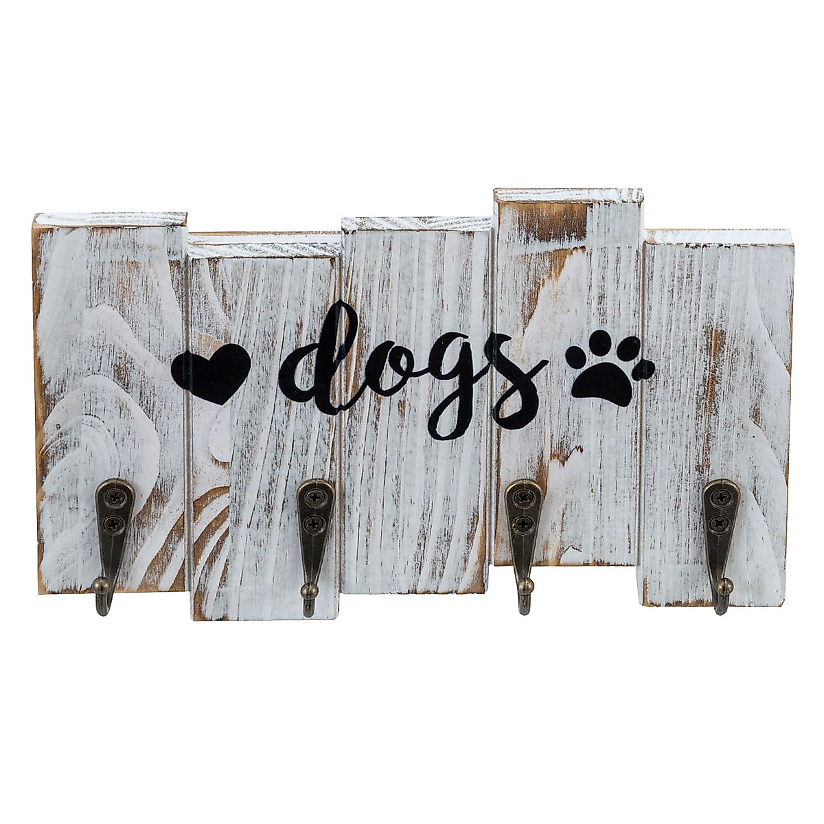 MyGift Wall Mounted Dog Leash Holder, 4-Hook Rustic Whitewashed Wood Hanging Key Hook Rack with Cursive Dogs Label, Heart and Paw Print Decals
