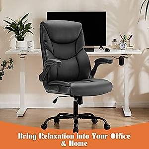 Office Chair - Ergonomic High Back Desk Chairs, Heavy Duty Task Chair with Flip-up Arms, PU Leather, Adjustable Swivel Rolling Chair with Wheels, Black