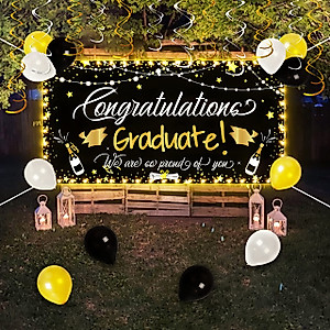 Graduation Decorations Class of 2024 - Lighted Large Congrats Grad Banner Garland Photo Backdrop+Balloons+Hanging Swirls Party Supplies (25PCS, Black, Not Include Battery)