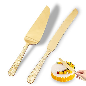 Wedding Cake Knife and Server Set: 2 Pcs Gold Cake Cutting Set, Stainless Steel Vintage Engraved Cake Knife and Server Set, Wedding Cake Cutting Set for Wedding Birthday Parties Christmas (Rose)