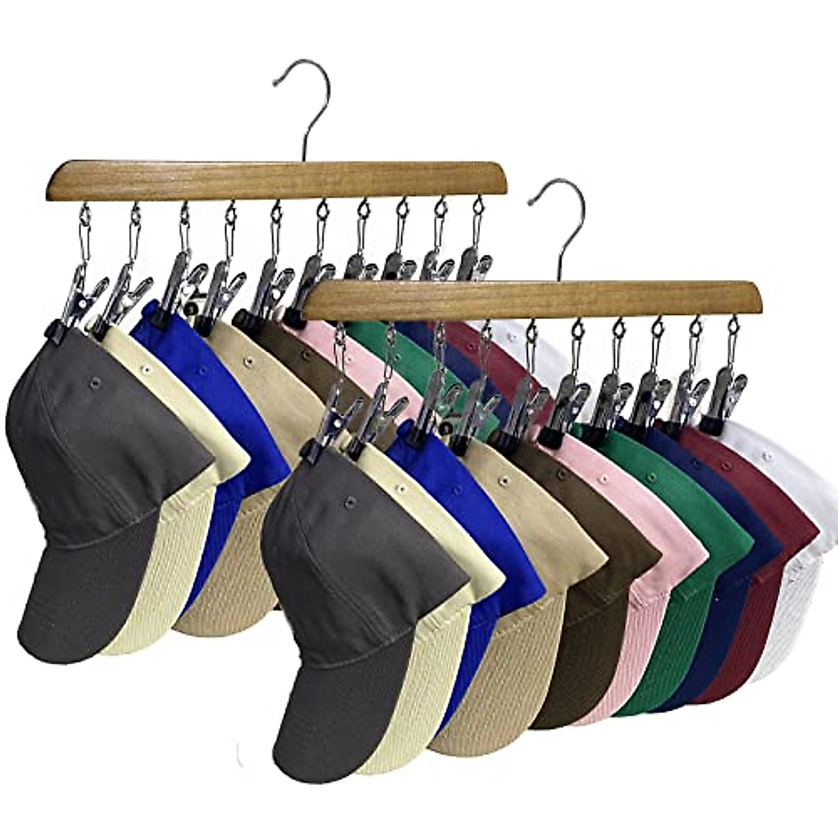 YI Boutique Hat Organizer, Wooden Hat Hangers for Closet, Hat Racks for Baseball Caps, Set of 2 Cap Organizer with 10 Adjustable Stainless Steel Clips, Hat Storage Fits All Caps