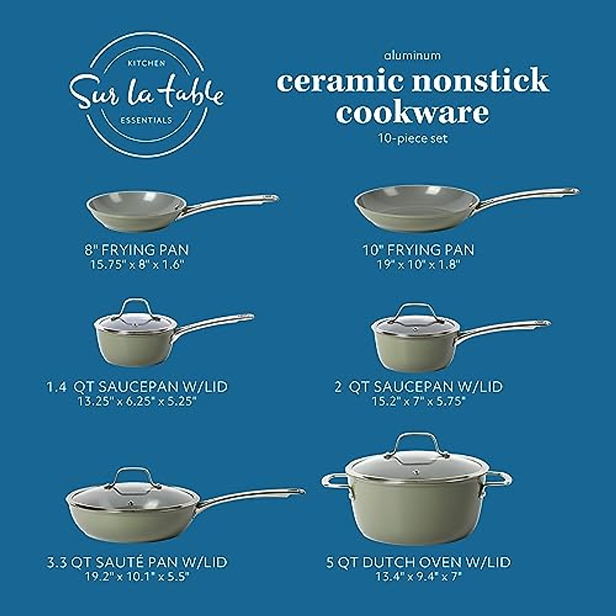 Sur La Table Kitchen Essentials 10 Piece PFA Free Non-Toxic Titanium Ceramic Nonstick Interior Forged Aluminum Cookware Pots and Pans Set - Green - Induction Compatible