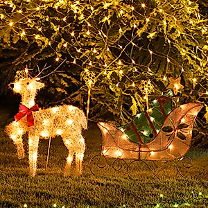 ATDAWN Lighted Christmas Reindeer Sleigh Outdoor Yard Decoration, 50 Lights Christmas Deer Outdoor Decoration, Outdoor Lighted Holiday Deer Christmas Yard Decoration Light Up Display