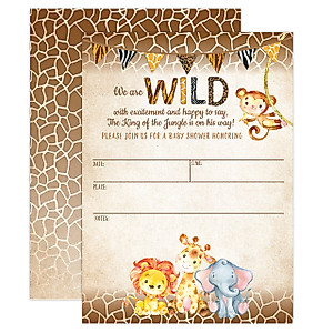 Jungle Safari Baby Shower Invitations - Safari Animal Invitation - 20 Fill-In Invitations and White Envelopes - Boy or Neutral Baby Shower Party - Monkey, Lion, Elephant, Giraffe
