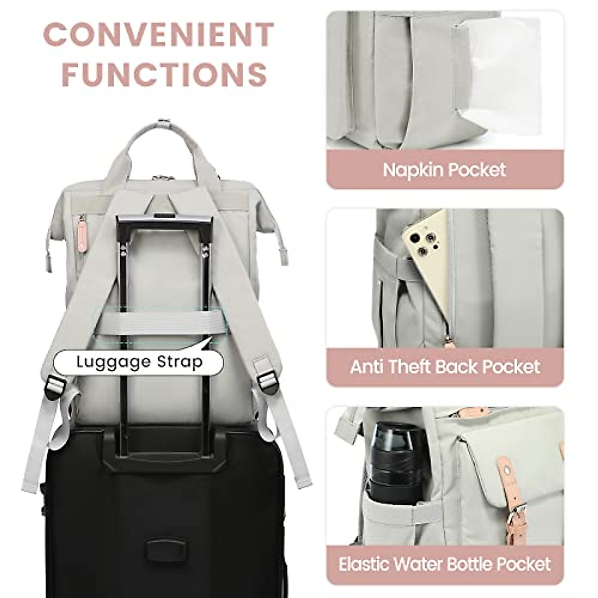 LOVEVOOK Laptop Backpack for Women Work Travel Commuter Backpack Purse, College Nursing Backpack Business Computer Bag Doctor Nurse Bags, 15.6 Inch, Light Grey-pink