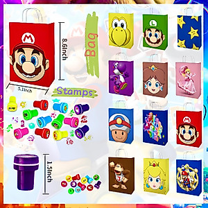 Mario Party Favors,98Pcs Mario Birthday Party Supplies include Goodie Bags,Felt Masks,Stamps,Slap Bracelets,Stickers,Classroom Rewards,Carnival Prizes,Party Activities,Themed Goodie Bags Stuffers