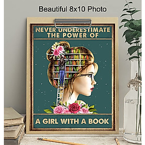 Inspirational Classroom Wall Art & Decor - Girls Bedroom - Never Underestimate A Girl With A Book - Positive Quotes - Girls Room - Girly Motivational Posters - Uplifting Encouragement Daughter Gifts