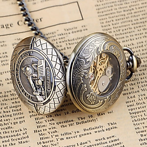 Whodoit Bronze Retro Mechanical Pocket Watch Locomotive Design Roman Numerals Hollow Mechanical Pocket Watches
