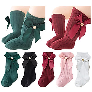 QandSweet Baby Newborn Knee High Socks Seamless Toddler Girls' Big Bow Button Cotton Stockings 0-6 Months