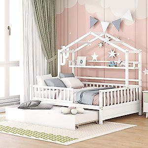 Harper & Bright Designs Full House Bed with Trundle, Wood Full Kids Bed Frame with Shelf, Full Size House Bed for Kids with Roof for Girls, Boys,No Box Spring Needed (Full, White)