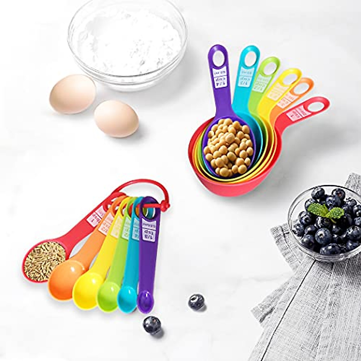 12 Piece Measuring Cups and Spoons Set, Colored Kitchen Measure Tools, Durable Nesting Cups and Spoons for Dry and Liquid, Dishwasher Safe