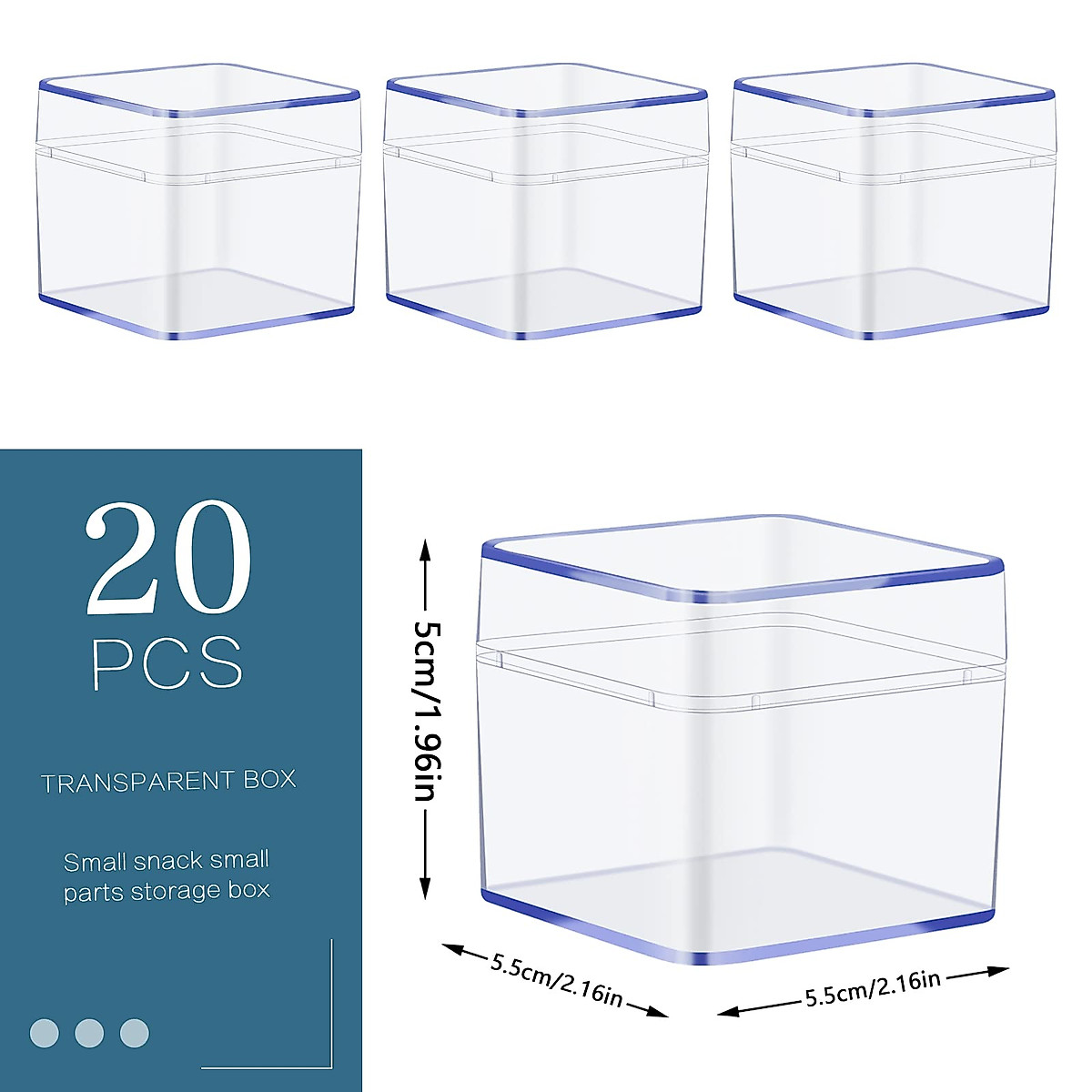 Amersumer 20Pack Plastic Clear Box with Separate Lid,2.2x2.2x2 Inchs,Beads Storage Containers Square Clear Containers Box for Pills Herbs Tiny Bead Earring Jewerlry Candy Gifts Party Favor and More