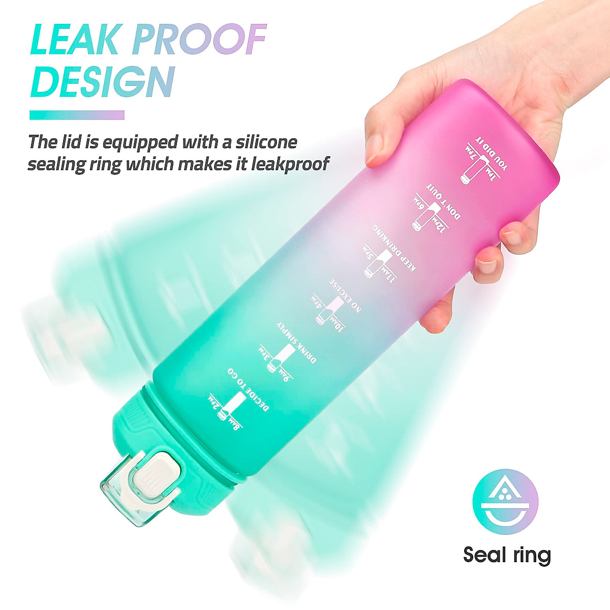 YC Kitchen Motivational Water Bottle with Time Marker- 32oz Water Bottles with Times to Drink, Leakproof & BPA Free Sports Water Bottle with Straw & Carry Strap for Fitness, Gym, and Outdoor Sports