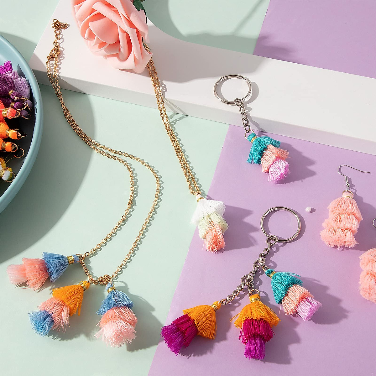 Dingion 100Pcs Tiny Tri Layered Keychain Tassels Mini Tassel Craft Jewelry Making Tassel for Earring Bookmark(Classic Color)