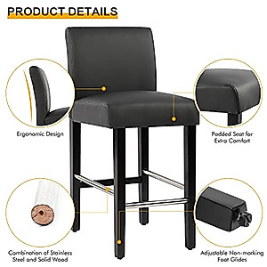 NOBPEINT Contemporary Counter Height bar Stool, Upholstered Faux Leather Barstool with Steel Footrests, 26 inch Seat Height, (Set of 4) Black