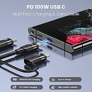 100W USB C Multi Charging Cable, USAMS 4FT 5-in-1 5A Fast Sync Charger Adapter Nylon Braided Type-C Cable for Laptop/Tablet/Phone and More