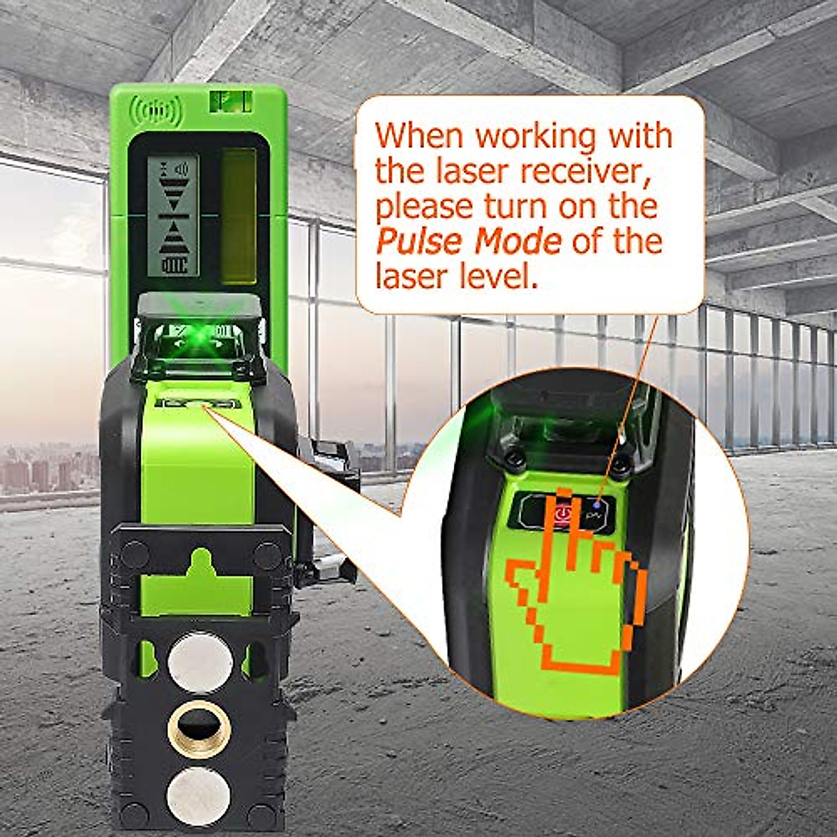 Huepar LR-5RG Laser Detector for Laser Level - Green and Red Beam Receiver for Use with Pulsing Line Lasers, Two-Sided Back-lit LCD Displays, Automatic Shut-Off Timer, Clamp Included