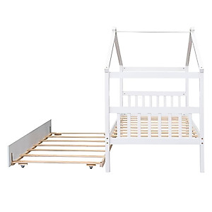 voqoomkl Twin Size Floor Bed with Twin Size Trundle, Wooden House Bed with Headboard and Footboard, Daybed with Roof Design and Wood Slats Supprt for Boys Girl Bedroom, No Box Springs Required, White