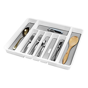 madesmart White Expandable Silverware Tray Classic Collection | 8-Compartments | Icons to Help sort Flatware, Cutlery, Utensils | Soft-Grip Lining | BPA-Free