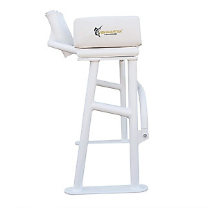 Fishmaster Original Leaning Post for Center Console Fishing Boats – Three Rocket Launcher Rod Holders, Rectractable Footrest, Flow Through Foam – White Upholstery/White Powder Coat