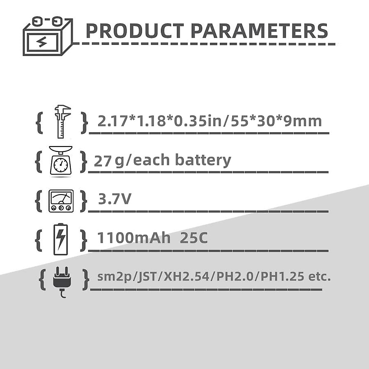 OooSure 5 pcs 3.7V 1100mAh 25C 903048 Rechargeable Lithium Batteries for RC Drone SM2P/JST/XH2.54/PH2.0connector (XH2.54)