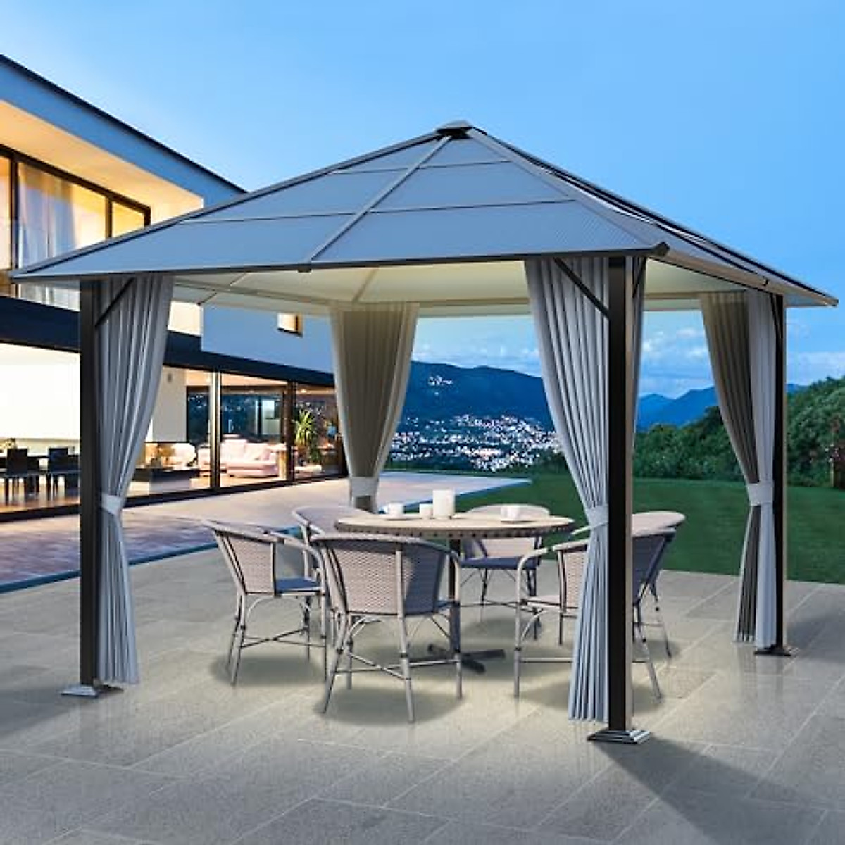 Funny Sunny10'x10' Hardtop Gazebo, Outdoor Gazebo with Translucent Roof, Polycarbonate Top Steel Frame Garden Tent with Breathable Mesh and Privacy Curtains for Patio Lawn Garden Backyard, Gray