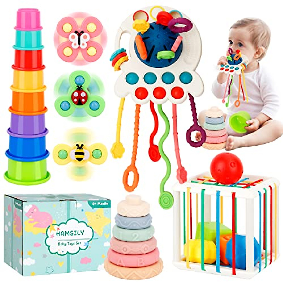 5 in 1 Montessori Toys for Babies 0-3-6-12-18 Months and Up: Infant Gifts Play Set Kids Sensory Learning Activity for Age 1 Year Old Boy Girl 4 7 8 9 Birthday Box Travel Bath Stacking Essentials Stuff