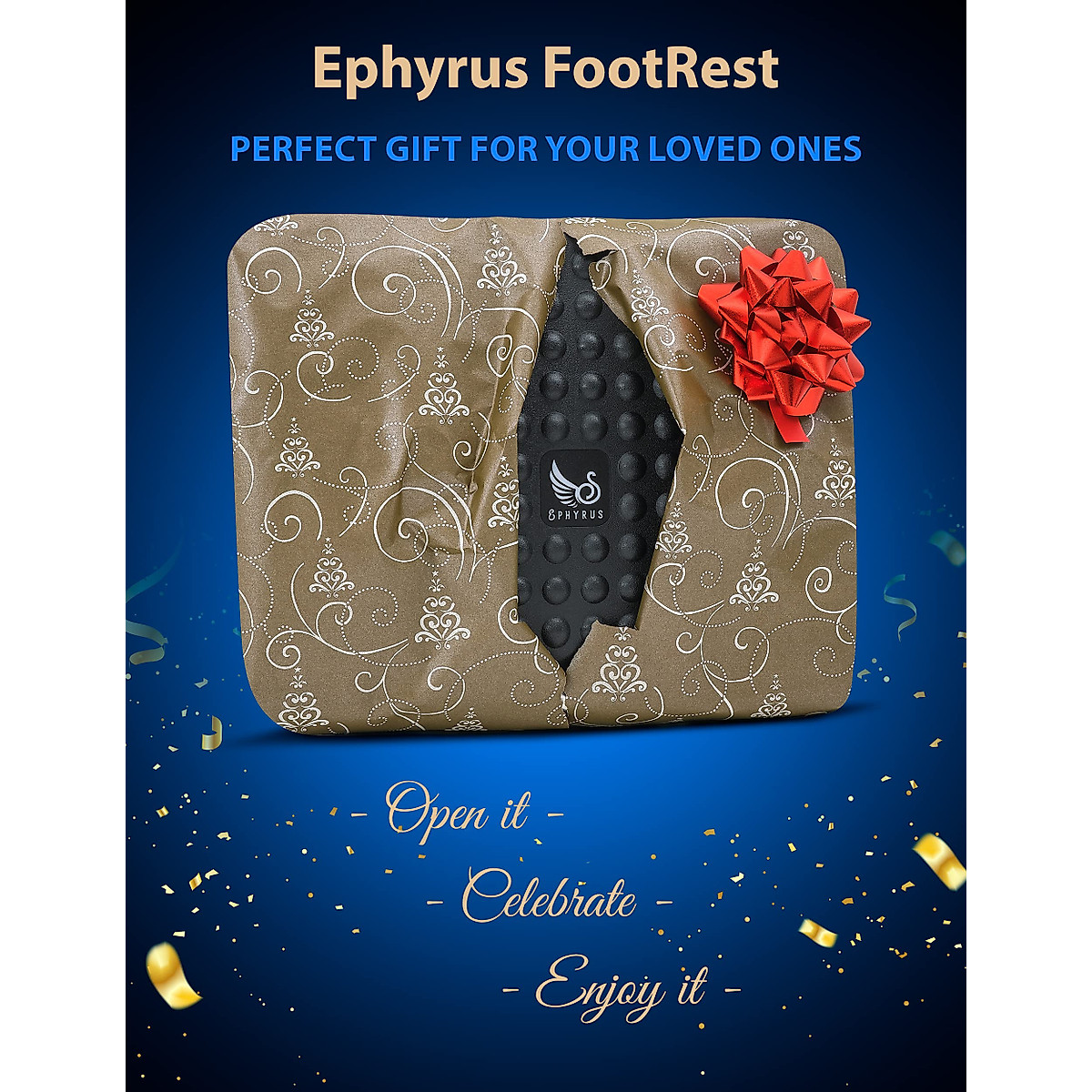 Ephyrus Adjustable Under Desk Footrest - Ergonomic Black Foot Rest with 3 Height Position - 30 Degree Tilt Angle Adjustment for Home, Office with Massage Surface for Improved Circulation and Posture