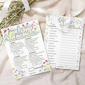 Little Wildflower Girl Baby Shower Party Games - What's On Your Phone and Word Scramble (2 Game Bundle) - 20 Dual Sided Cards - Baby in Bloom Party Supplies