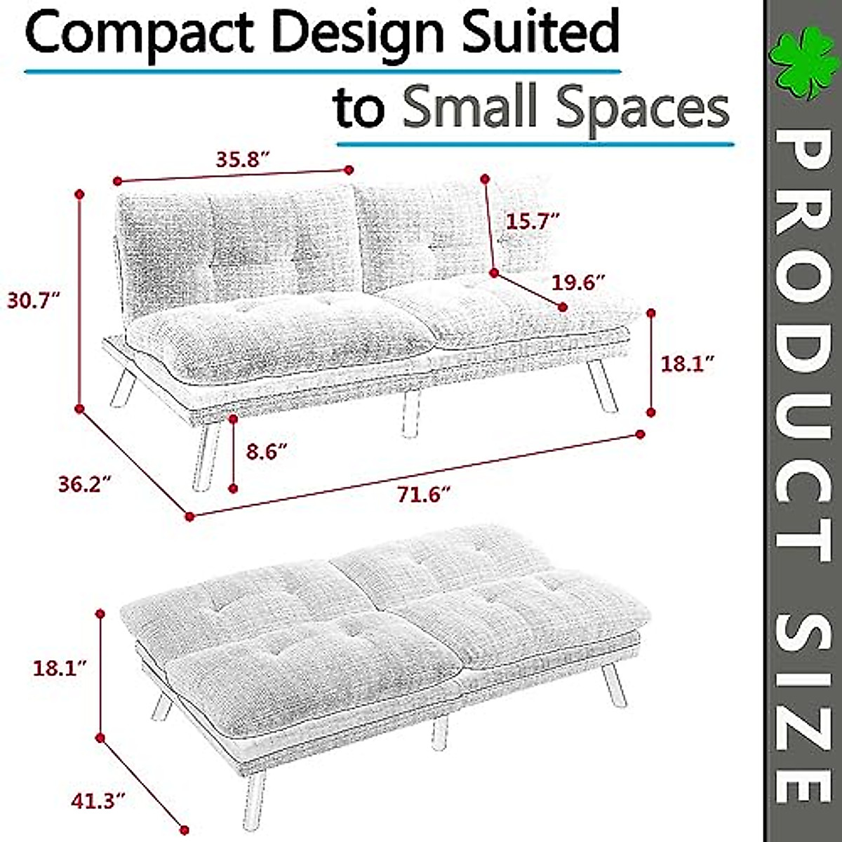 72" Sofa Bed Couch,Convertible Futon Sofa Bed,Modern Sleeper Sofa Couch with Metal Legs,Folding Loveseat Sofa with Adjustable Backrest for Living Room,Bedroom,Office,Small Space (Grey)