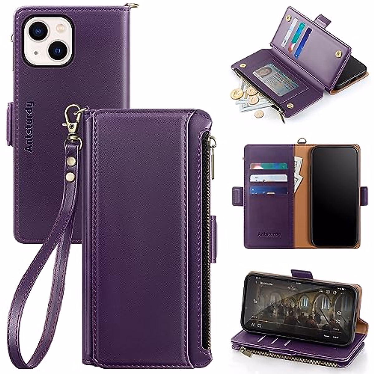 Antsturdy iPhone 13 Wallet case with Card Holder for Women Men,【RFID Blocking】 iPhone 13 Phone case PU Leather Flip Folio Shockproof Cover with Strap Zipper Credit Card Slots,(Purple)