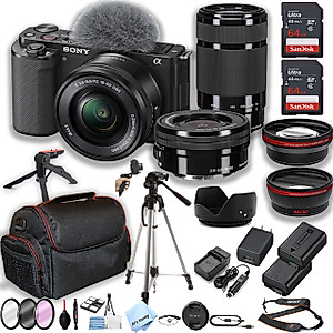 Sony ZV-E10 Mirrorless Camera with16-50mm & 55-210mm Zoom Lenses + 2pcs 64GB Memory + Case+ Tripod + Steady Grip Pod + Filters + Macro + 2X Lens + 2X Batteries + Accessory Bundle