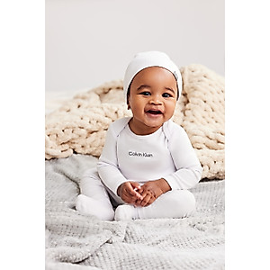 Calvin Klein Organic Unisex Baby Essentials 4-Piece Set with Long Sleeve Tee & Pants, Ultra-Soft Beanie & Socks Included, Bright White