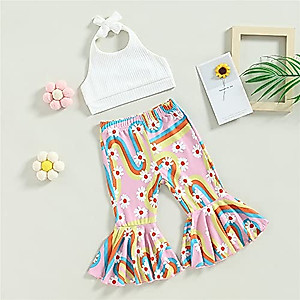 LAGKIYOJ Toddler Kids Baby Girl Boho Clothes Sleeveless Ribbed Tank Tops Floral Print Bell Bottoms Flare Pants Summer Outfit (White,12-18M)