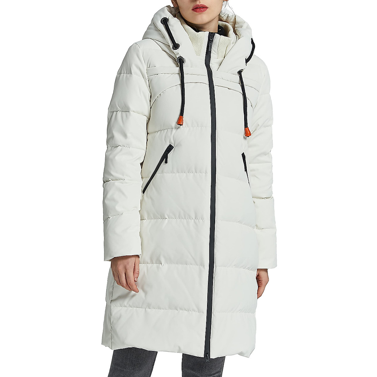 Orolay Women's Thickened Contrast Color Drawstring Down Jacket Hooded Parka Long Puffer Coat White L