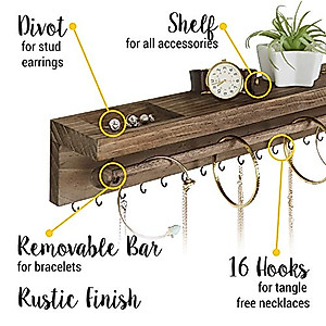 SoCal Buttercup Rustic Necklace Jewelry Organizer - Wall Mount Jewelry Holder - Mounted Hanging Jewelry Storage Hooks for Necklace, Earrings, and Rings - Farmhouse Wood Decor Bedroom Boho Shelf Rack