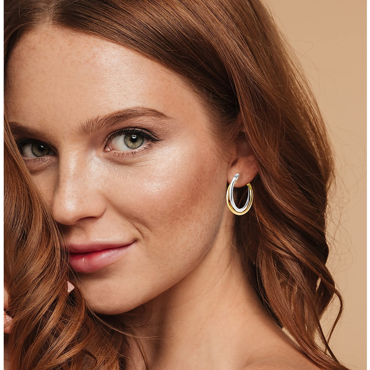 Hoops & Loops Yellow Gold Flash Sterling Silver Two-Tone Intertwining Square-Tube Polished Hoop Earrings, 20mm